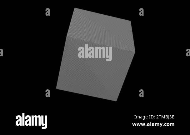 3D grey cube rotates on black backdrop. White cube consists of ...