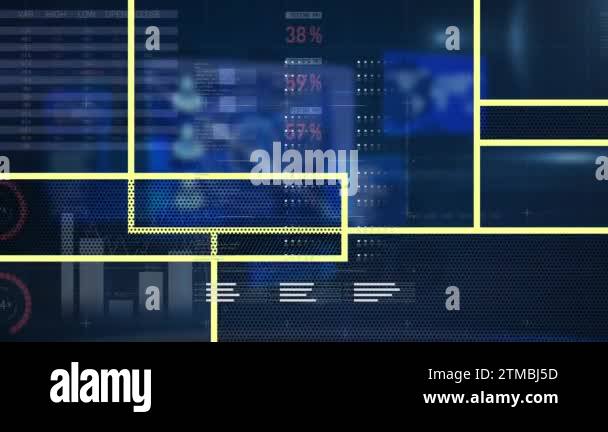 Animation of shapes over infographic interface against desktops, back ...