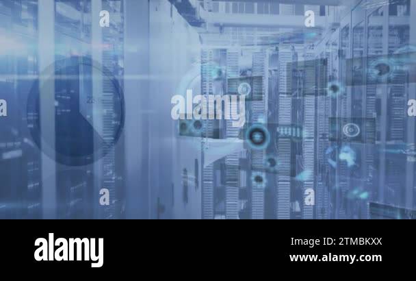 Animation of digital clock, radars, globe, computer language against ...