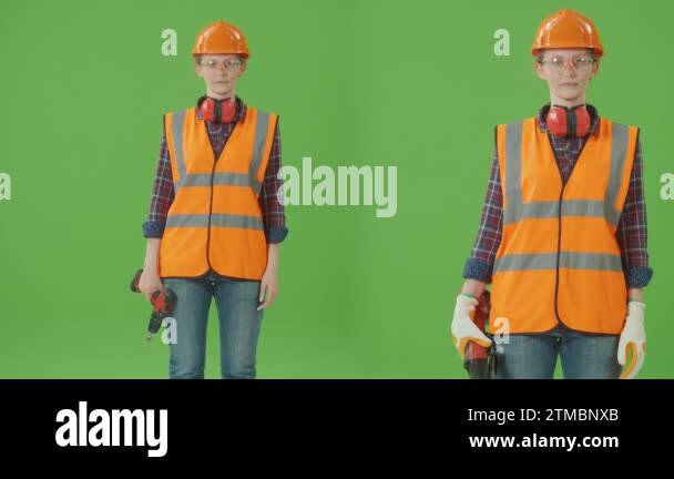 2-in-1 Split Green Screen Collage:Young Female Construction Worker in ...