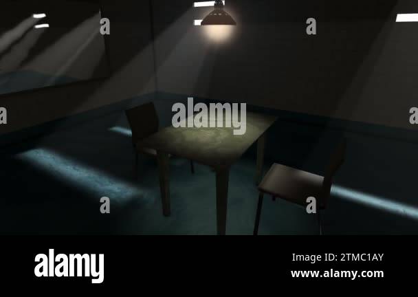 3D rendering dim light interrogation room animation, police, suspect ...