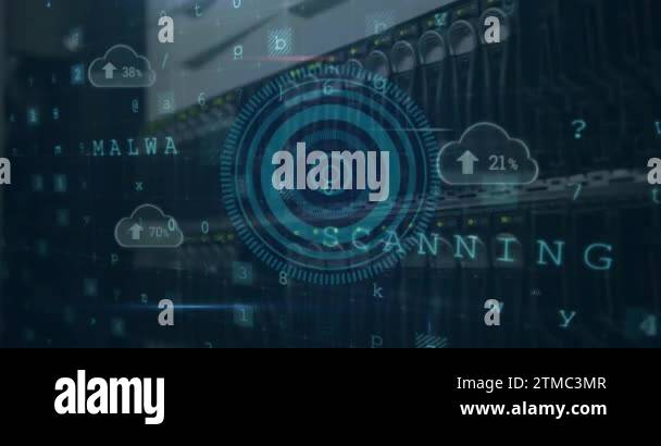 Animation of circles, texts, letters, symbols, arrows, numbers in clouds, back panel of server ...