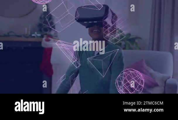 Animation of glowing 3d shapes over african american boy using vr ...