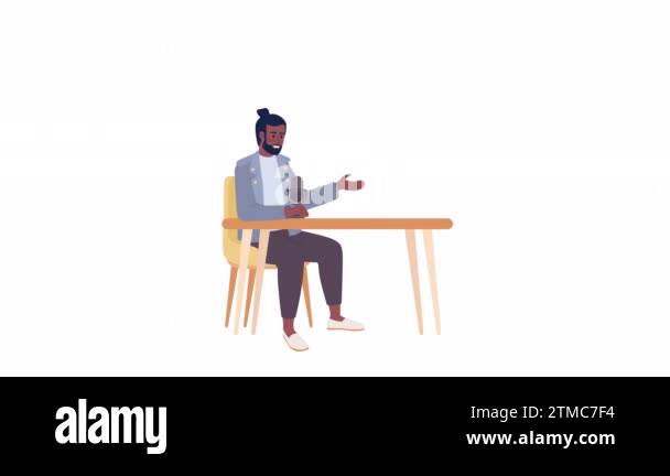 Animated podcast guest with mic. Famous actor at table on live stream ...
