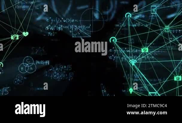 Animation of connected icons forming globe over mathematical equations ...