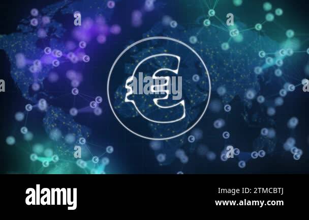 Glowing Euro symbol on blue background with world map. Colored plexus ...