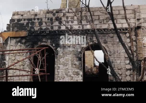 damaged by shelling, residential building, house destroyed. In ...