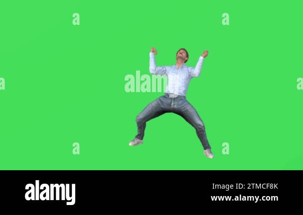 3d male cheerleader on green screen winning and very happy in chroma ...