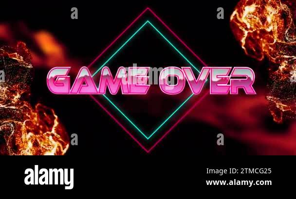 Animation of game over text banner over light spot and red digital ...