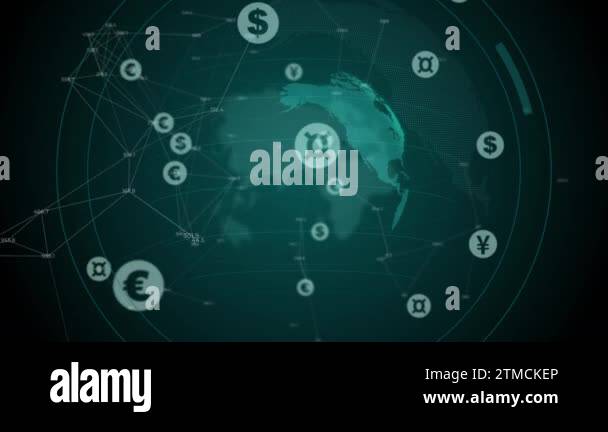 Business animation with currency symbols and planet earth. Looped green ...