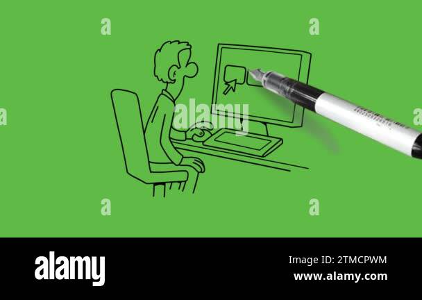 Draw backside of young man with round nose sit on chair click mouse ...