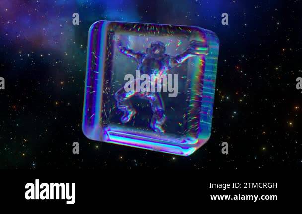 Ice cube rotates on Space Isolated Background. Diamond astronaut inside ...