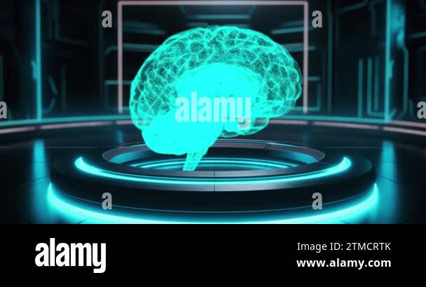 Human brain. Rotating holographic 3D projection of digital wireframe ...