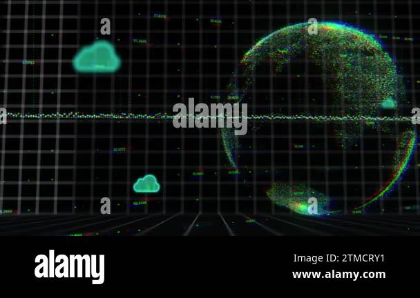 Animation of globe, cloud icons and data processing over grid. Global connections, digital ...