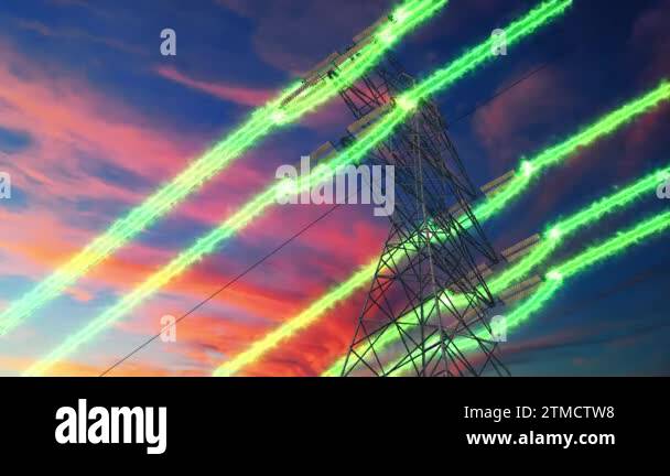 Overhead power line, electrical current flow. Electricity transmission ...