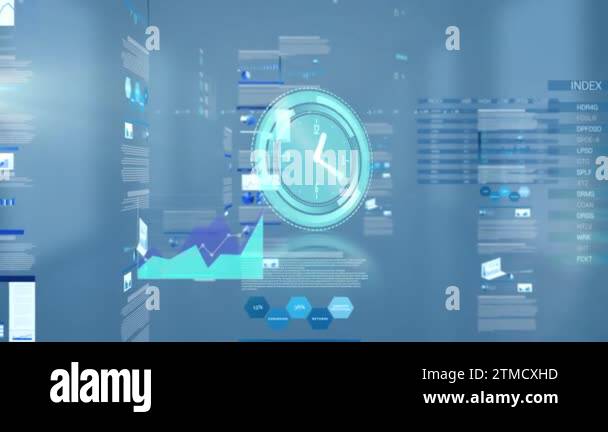 Animation of digital clock over infographic interface and trading board ...