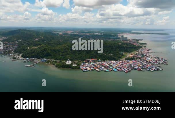 Aerial drone of Sandakan, city and port, eastern Sabah, East Malaysia ...