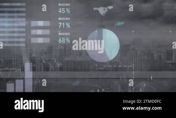Animation of infographic interface over modern cityscape against cloudy ...