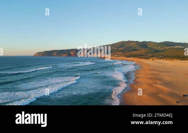 Panoramic marine landscape summer sunset. Aerial view foamy ocean waves ...