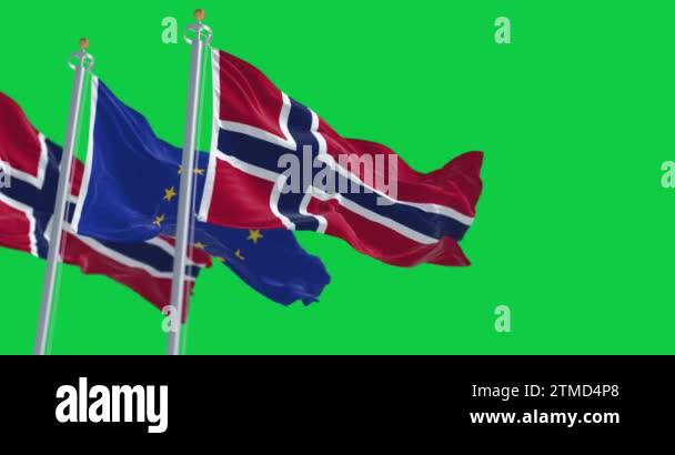 Norway and European Union flags waving isolated on green background ...