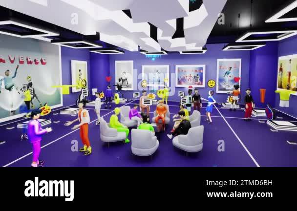 3D animation of futuristic virtual clothing store. Avatars with icons ...