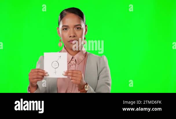 Gender equality, green screen and business woman with sign, protest ...