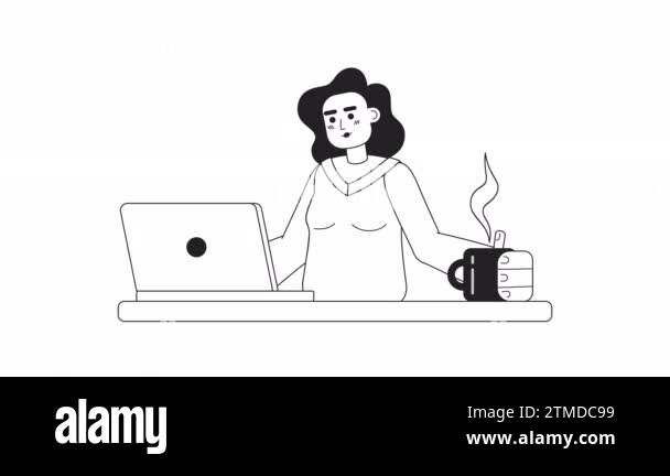 Animated mono lady with laptop. Female freelance programmer. Thin line ...