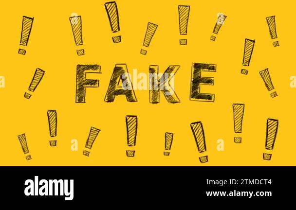 The word FAKE and exclamation marks written on yellow background ...