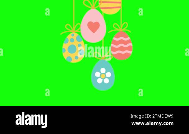 Easter eggs in a doodle style fall on top and hanging on a rope. 4K ...