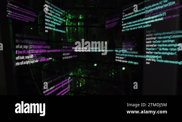 Animation of multicolored computer language over illuminated server ...