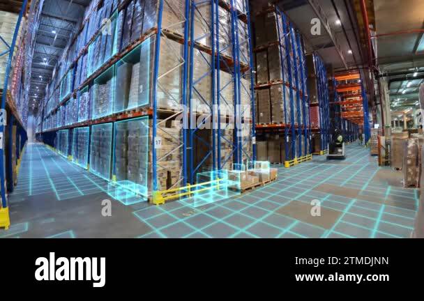 Modern forklift in a warehouse. Visualization of modern technologies. Forklift in a large modern ...