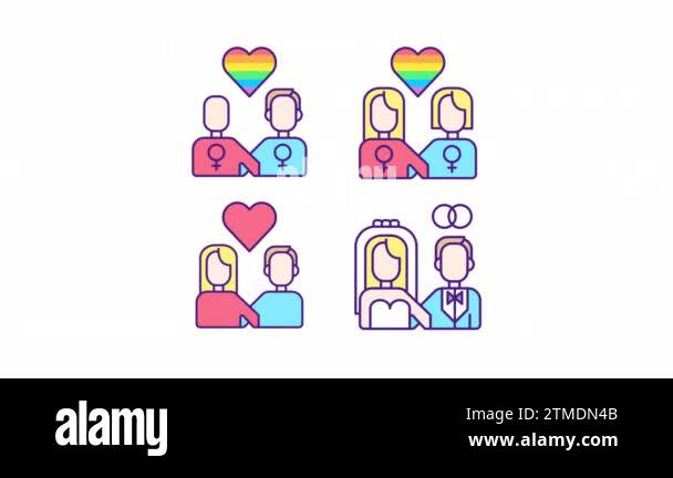 Animated couples linear icons. Loving people embrace each other ...