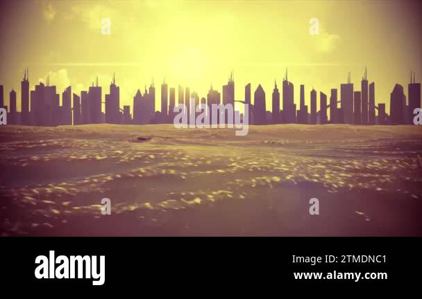 Cityscape skyline ocean rising sea level silhouette skyscraper future ...