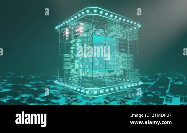 Loop 3d animation of an abstract glowing cube with a crystal lattice. A ...