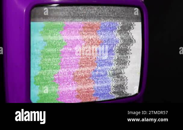 Old Purple Television Turning On Green Screen with Static Noise and ...
