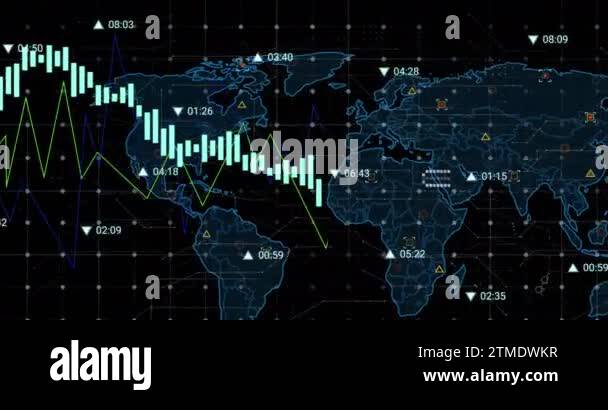 Animation of multiple graphs with changing numbers over map against black background. Digitally ...