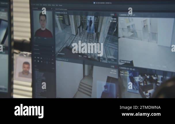 Close up shot of computer screen showing footage of surveillance ...