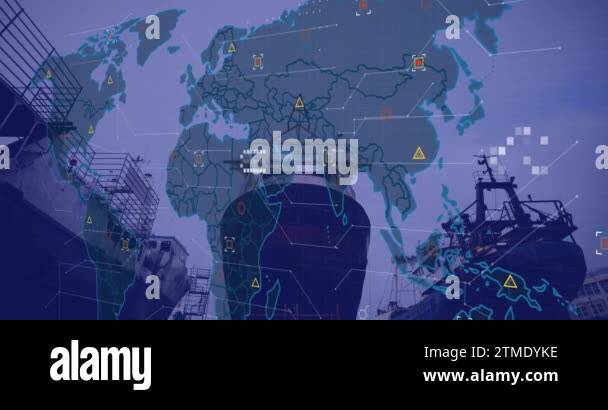 Animation of ship world map with connections and data processing ...