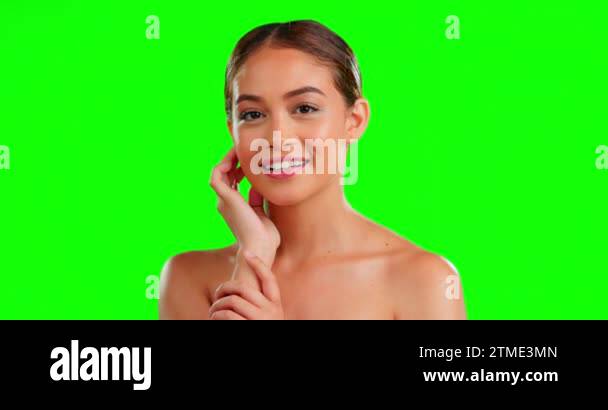 Girl, beauty and skincare by studio green screen with face, natural ...
