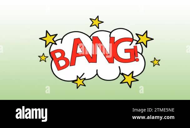 Animation of bang text banner over retro speech bubble against green ...