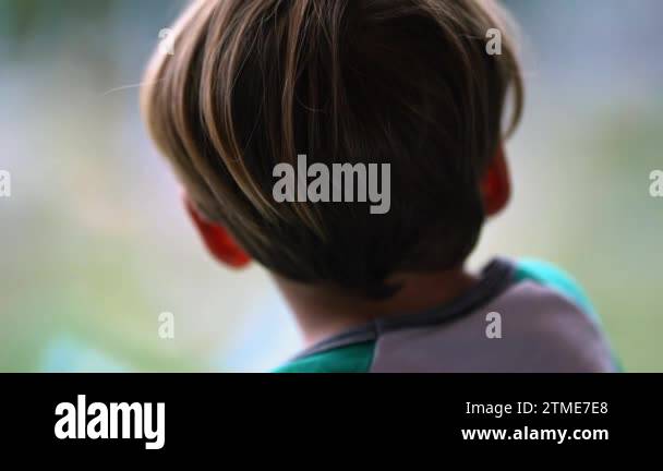 Back of little boy traveling by train looking at landscape passing by ...