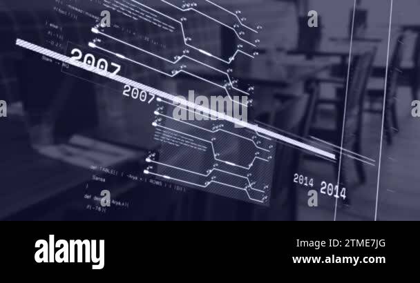 Animation of changing numbers, circuit board patterns, computer language over empty office ...