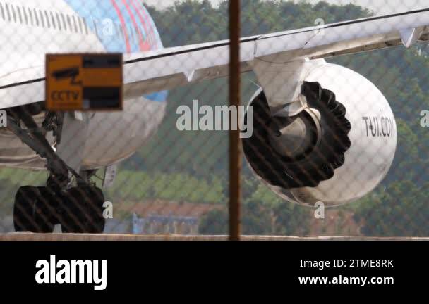 PHUKET, THAILAND - FEBRUARY 18, 2023: Jet engine closeup view of fan ...