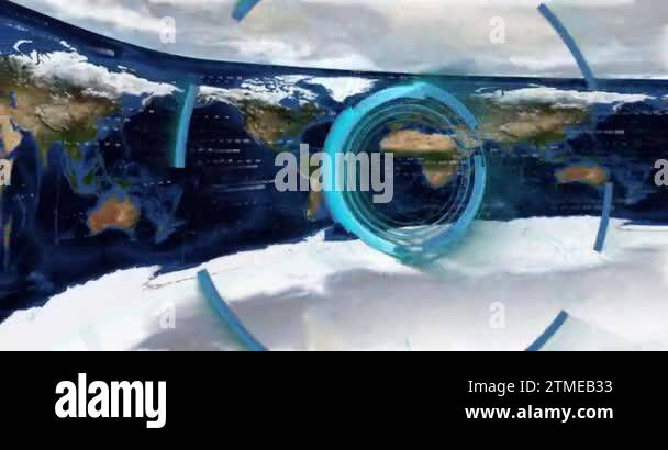 Animation of scope scanning and data processing over world map and sky with clouds. Global ...