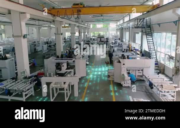 Workshop of a modern factory. Flight through the workshop of a modern ...
