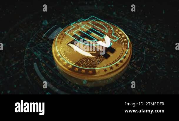 Dai ETH stablecoin cryptocurrency golden coin turning. camera rotates ...