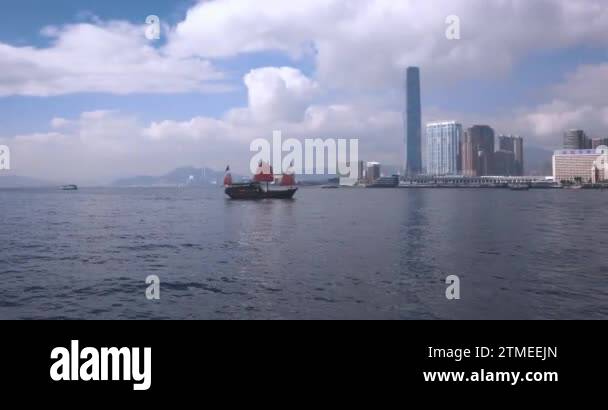 The Symbol Of Hong Kong Is A Boat With Red Sails, Panorama Stock Video ...