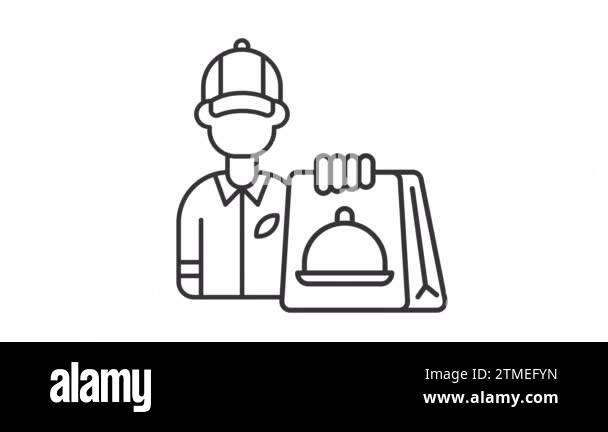 Animated food courier line icon. Delivery man holding meal package ...