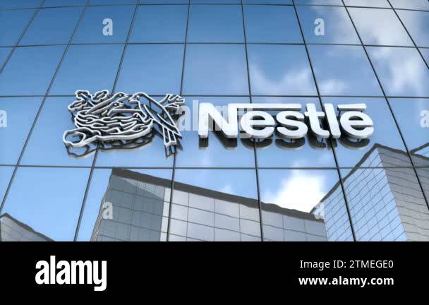 Editorial use only, 3D animation, Nestle logo on glass building Stock Video Footage - Alamy