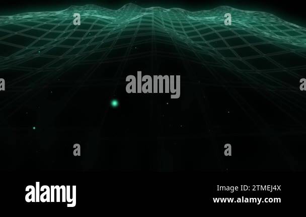 Geometric grid in three dimension space with green light orbs ...